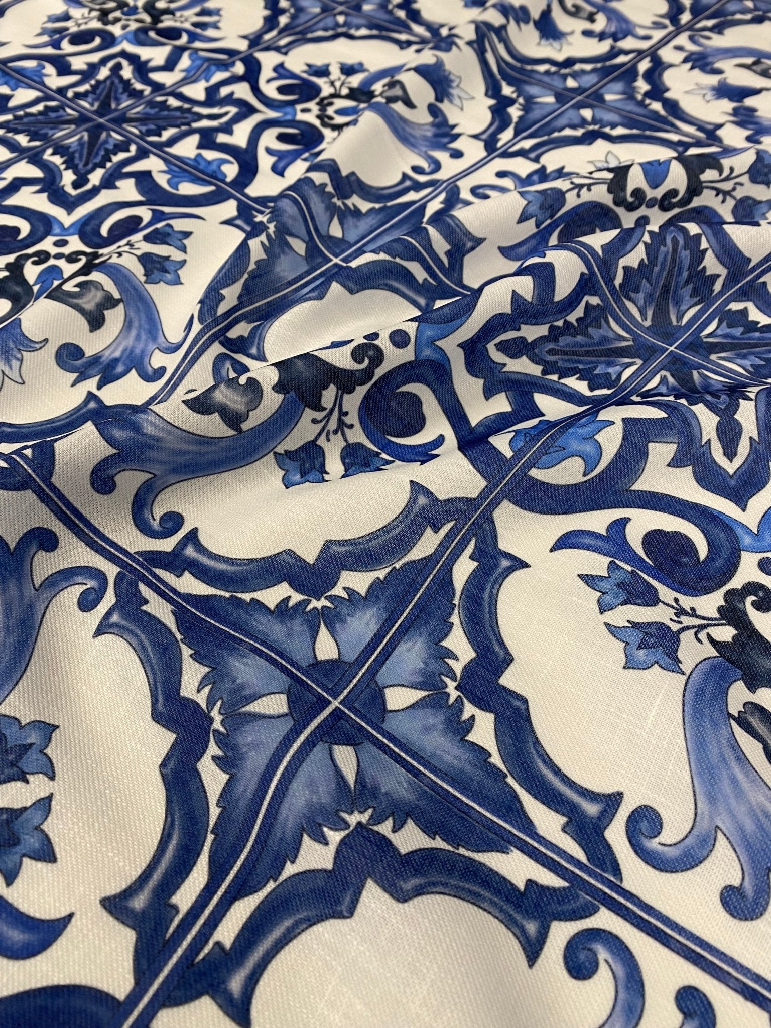 Blue Ornamental Poly Linen Fabric by the Metre – Whotex Fabrics London