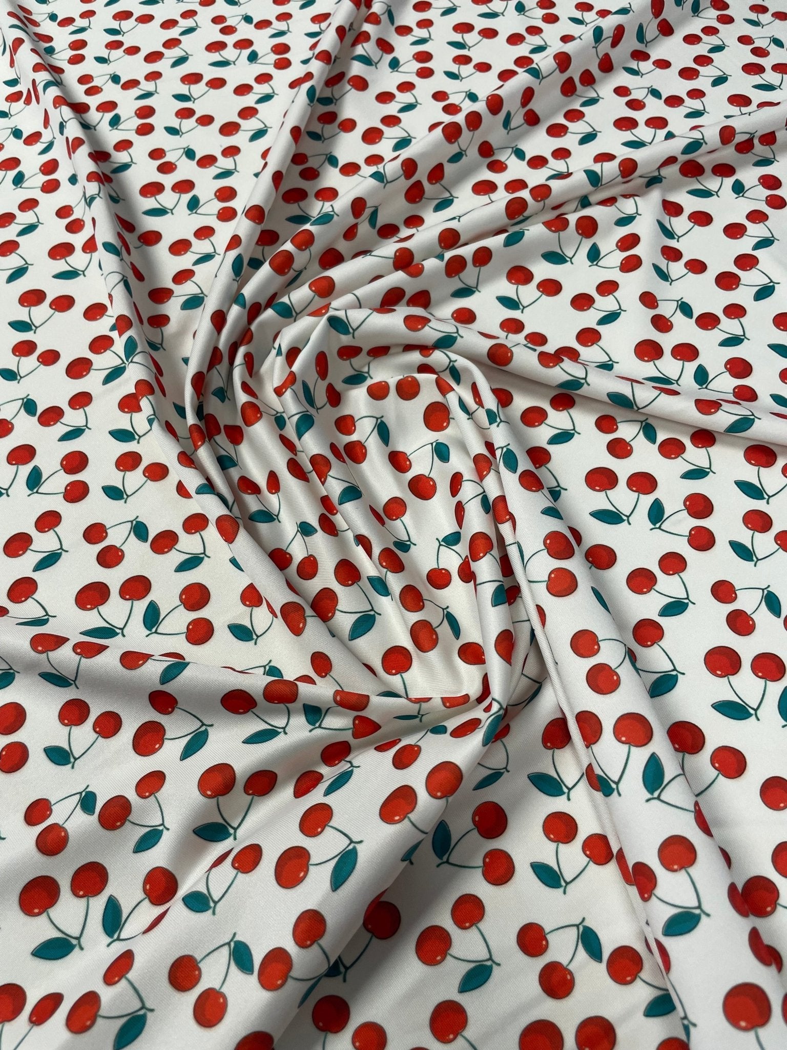 Cherry Print Lycra Stretch Fabric by the Metre – White Cotton Blend ...