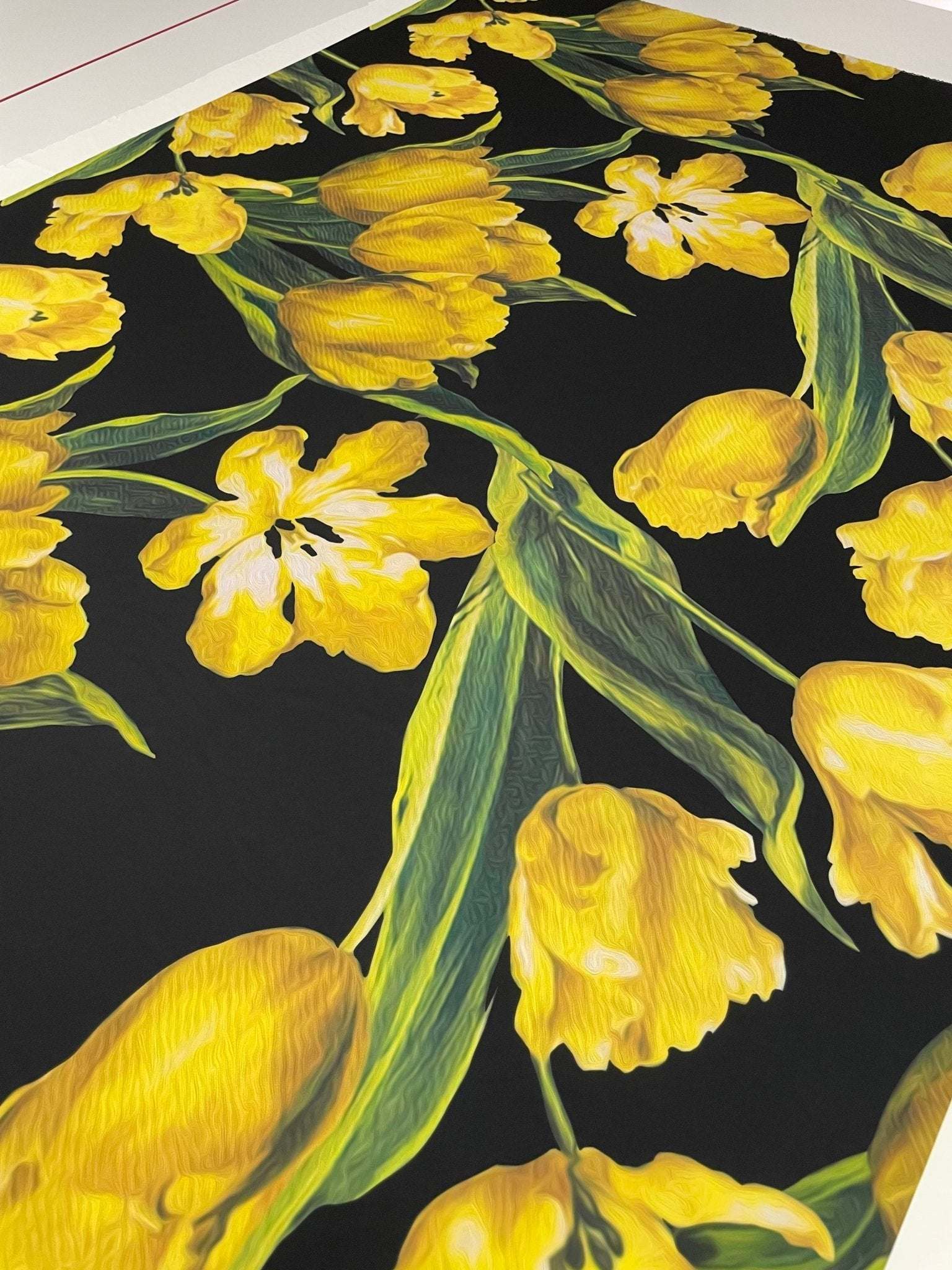 Elegant Yellow Tulip Floral Print Fabric on Black Background – Multiple ...