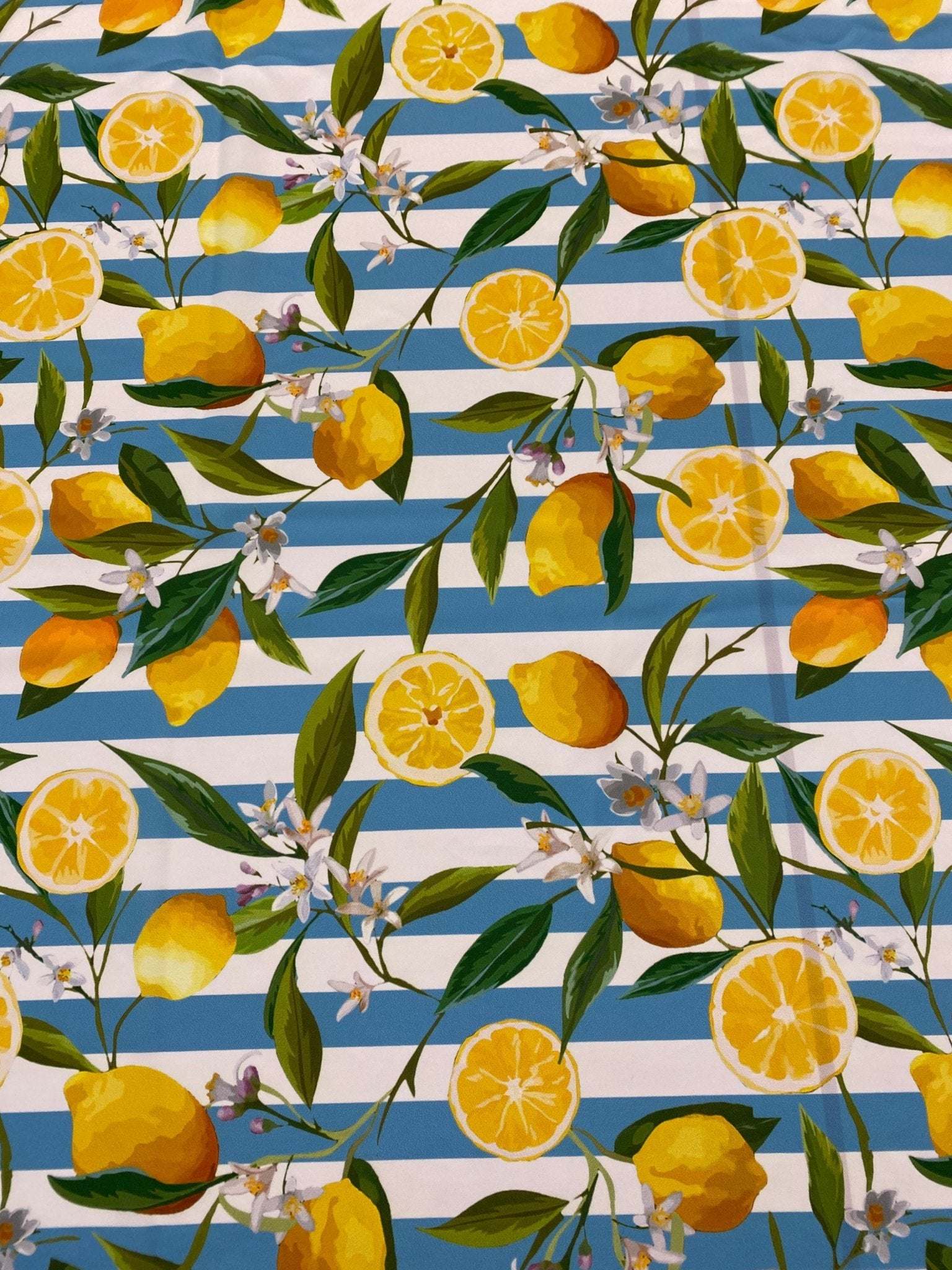 Lemon and Floral Print Fabric on Blue White Stripes – Multiple Fabric ...