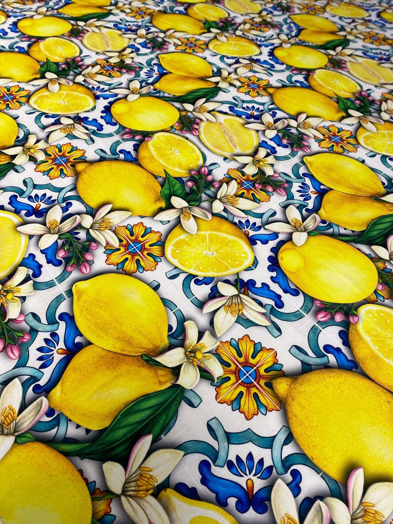 Lemon Blue Spanish Pattern Fabric – Fabric by Metre, Multiple Options ...