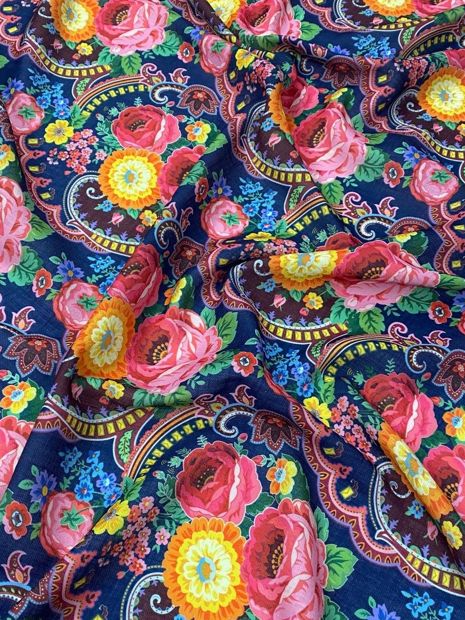Multicolour Floral Poly Linen Fabric by the Metre – Whotex Fabrics London