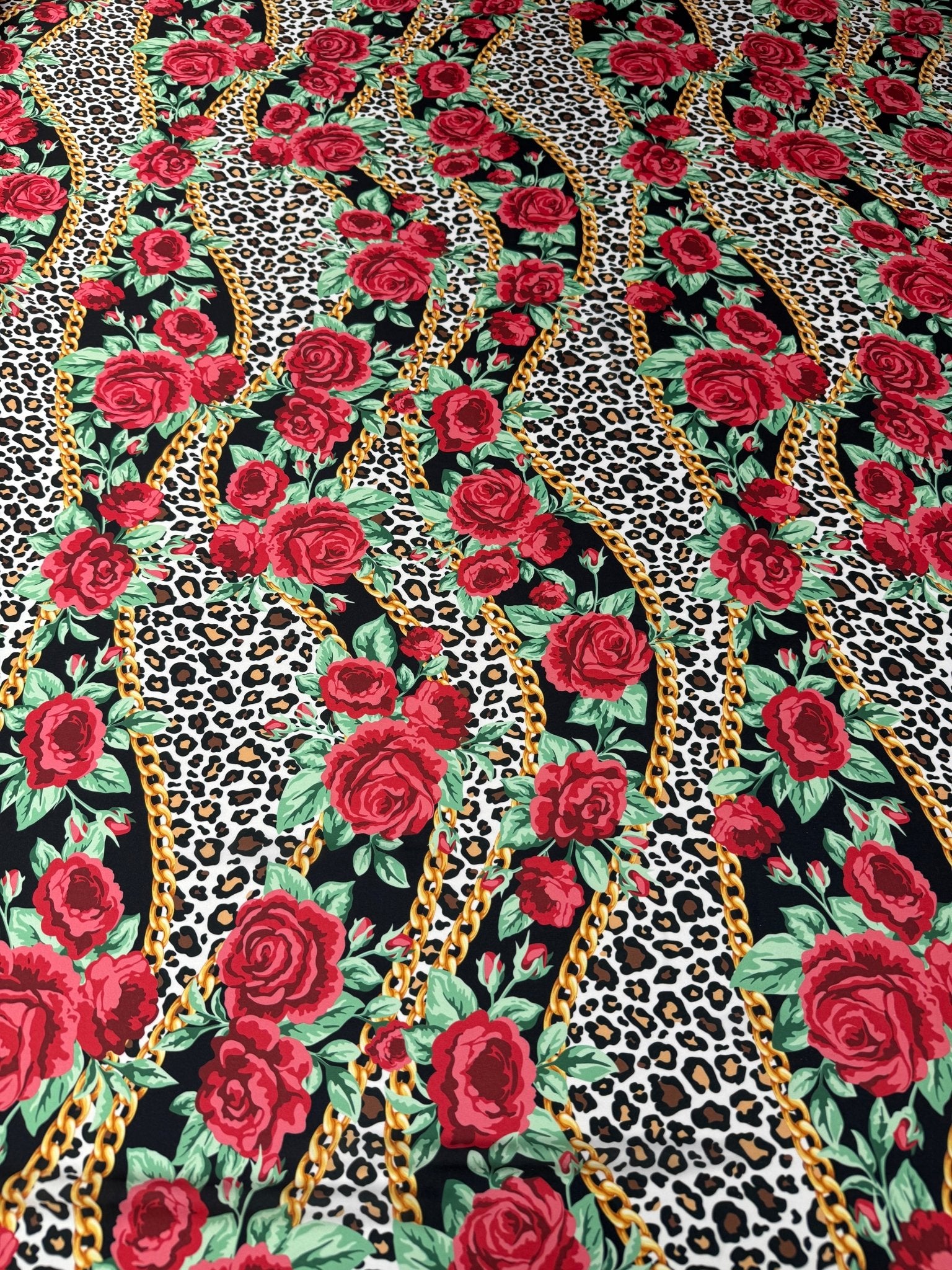 Leopard Print Fabric with Red Roses and Gold Chains – Fabric by Metre ...
